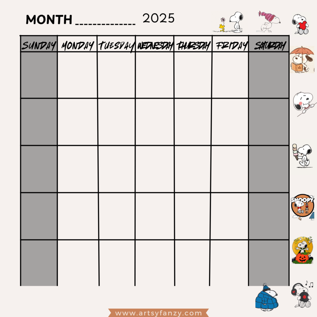 Snoopy calendar 2025 printable – Artsy Fanzy Shop